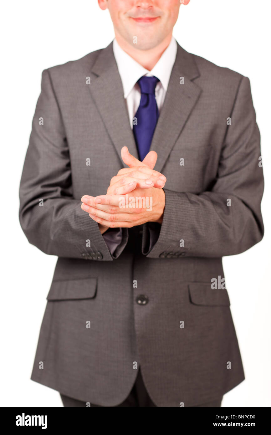 Isolated businessman clapping against white background Stock Photo - Alamy