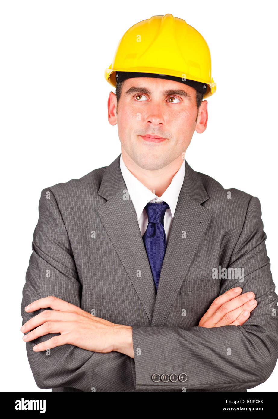Thoughtful architect wearing a hard hat Stock Photo - Alamy