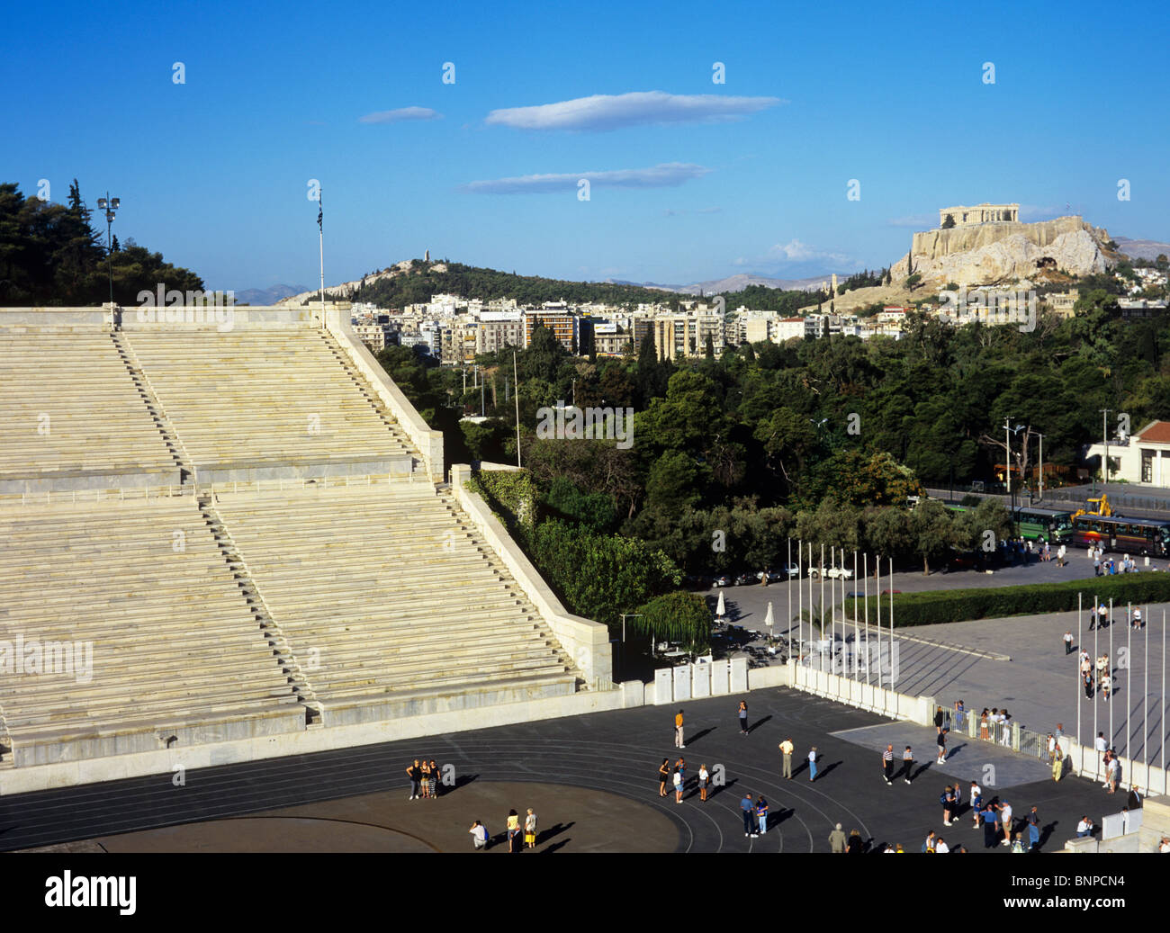 View showing the Acropolis from Panathinaiko Stadium, where the first ...