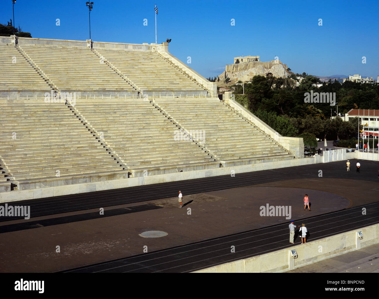View showing the Acropolis from Panathinaiko Stadium, where the first ...
