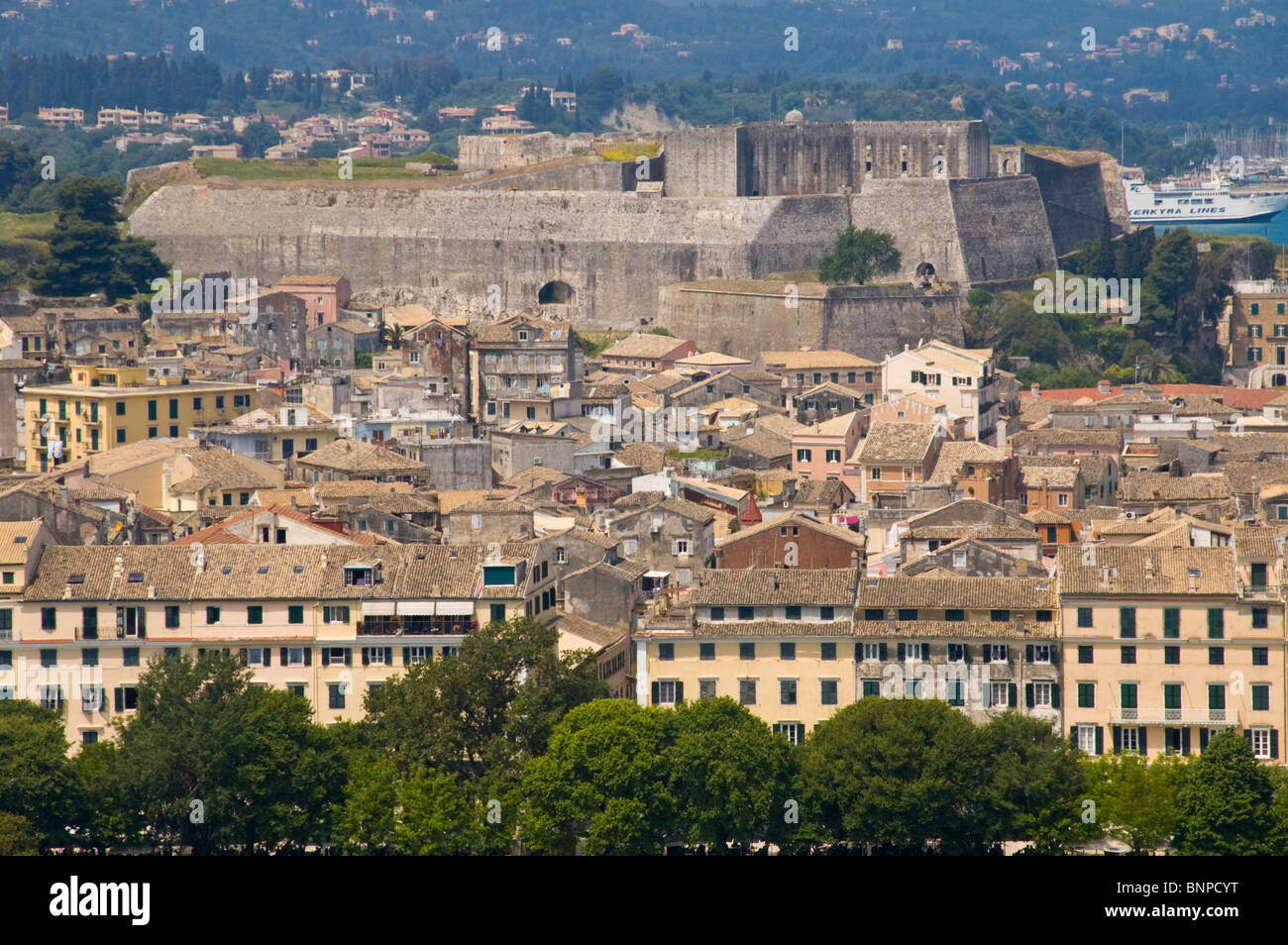 View over Venetian traditional style buildings in Corfu Old Town on the ...