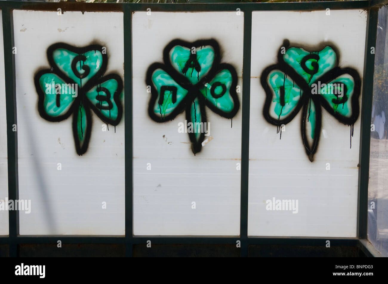 Graffiti in bus shelter at Kassiopi on the Greek Mediterranean island ...