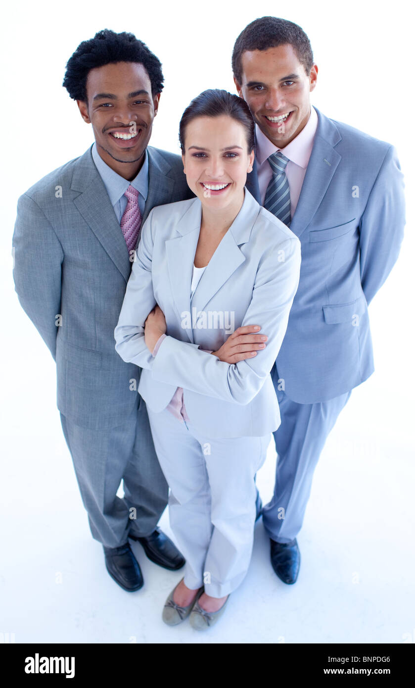 High angle of smiling business team Stock Photo - Alamy