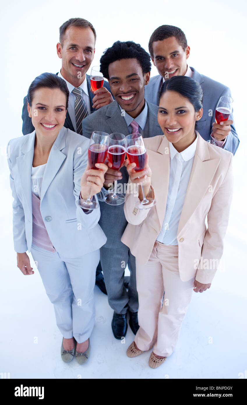 High angle of business team drinking wine Stock Photo - Alamy
