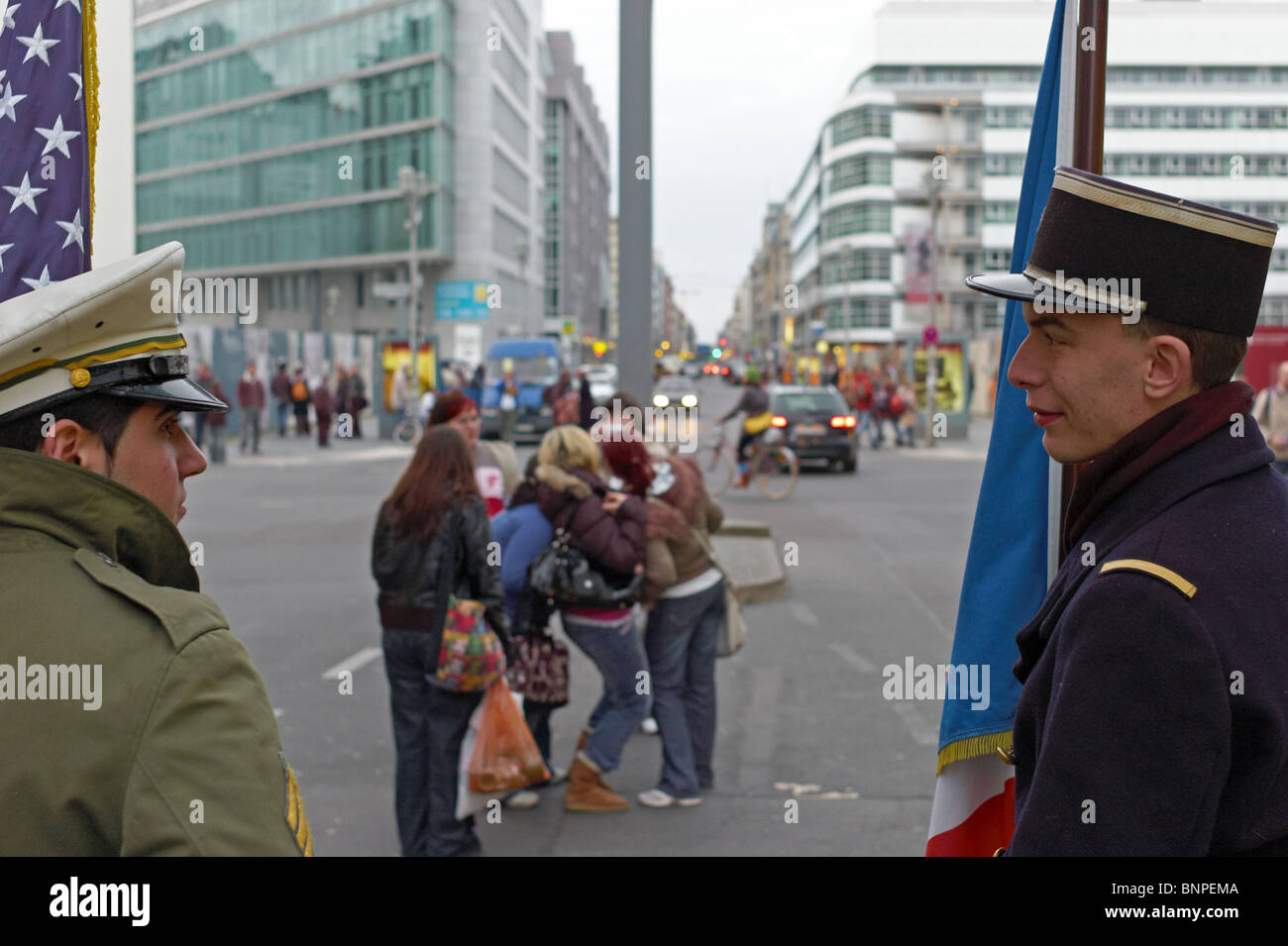 Actors dressed up as soldiers at Checkpoint Charlie, Berlin, Germany ...