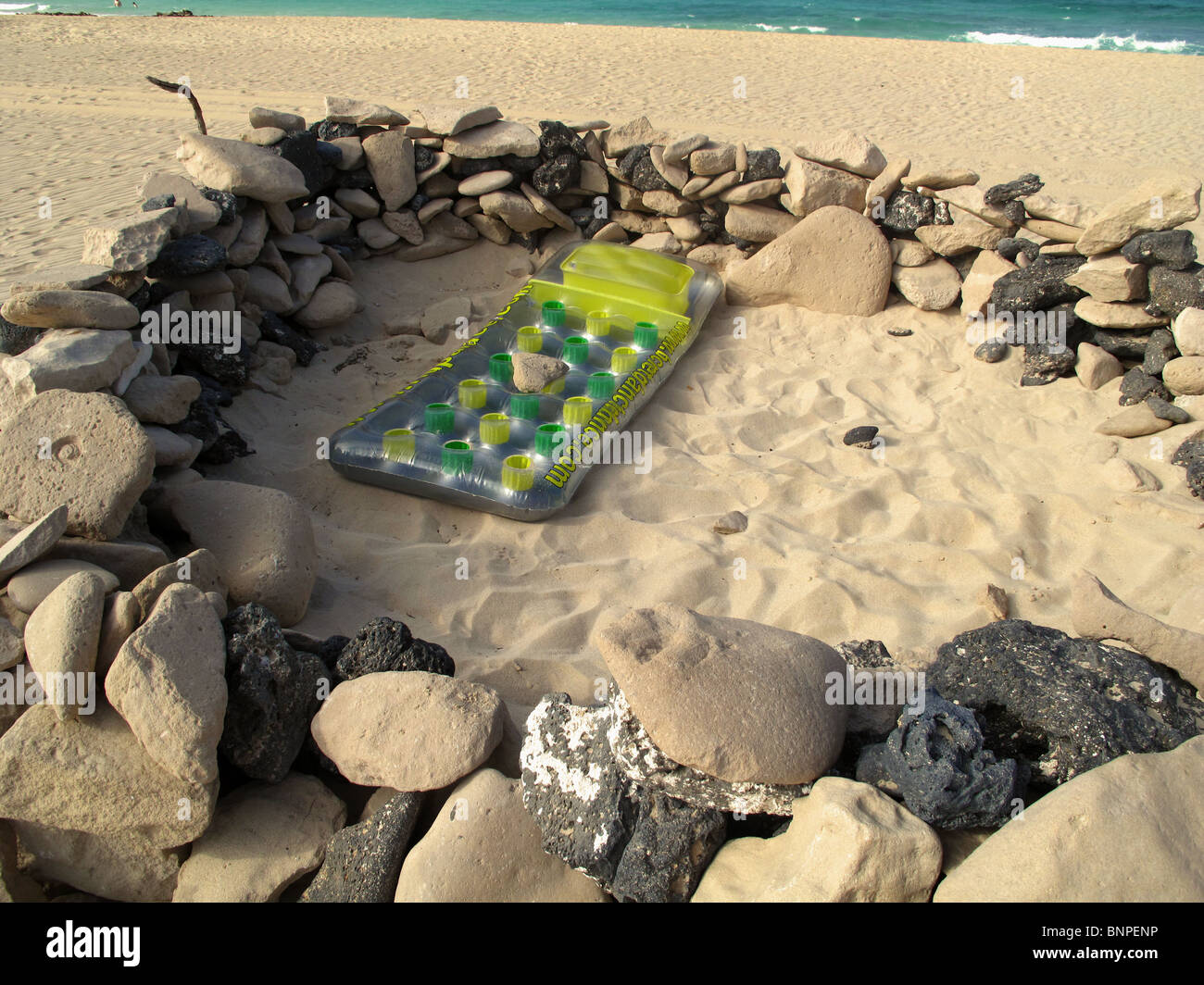 Inflatable lilo in beach shelter Corralejo Fuerteventura Stock Photo ...