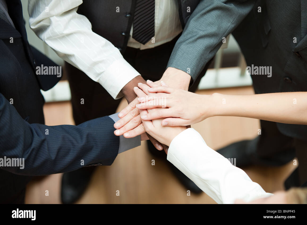 High view of hands together. Concept of union in business Stock Photo ...