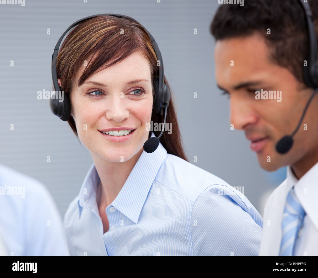 Close-up of a female customer service agent and hercolleague Stock ...