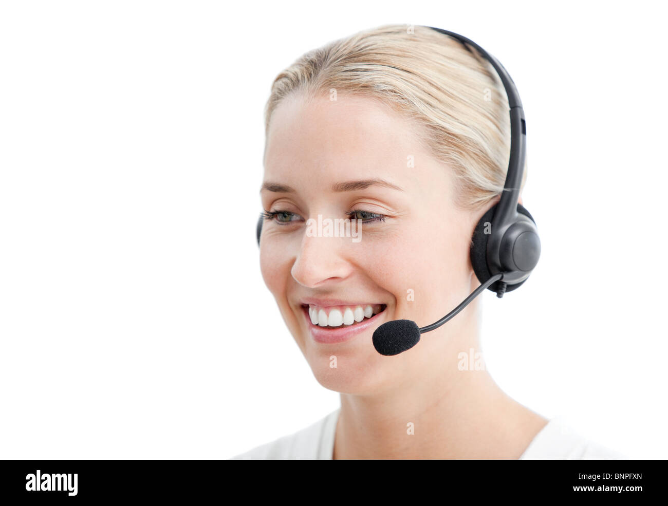 Charming customer service representative using headset Stock Photo - Alamy