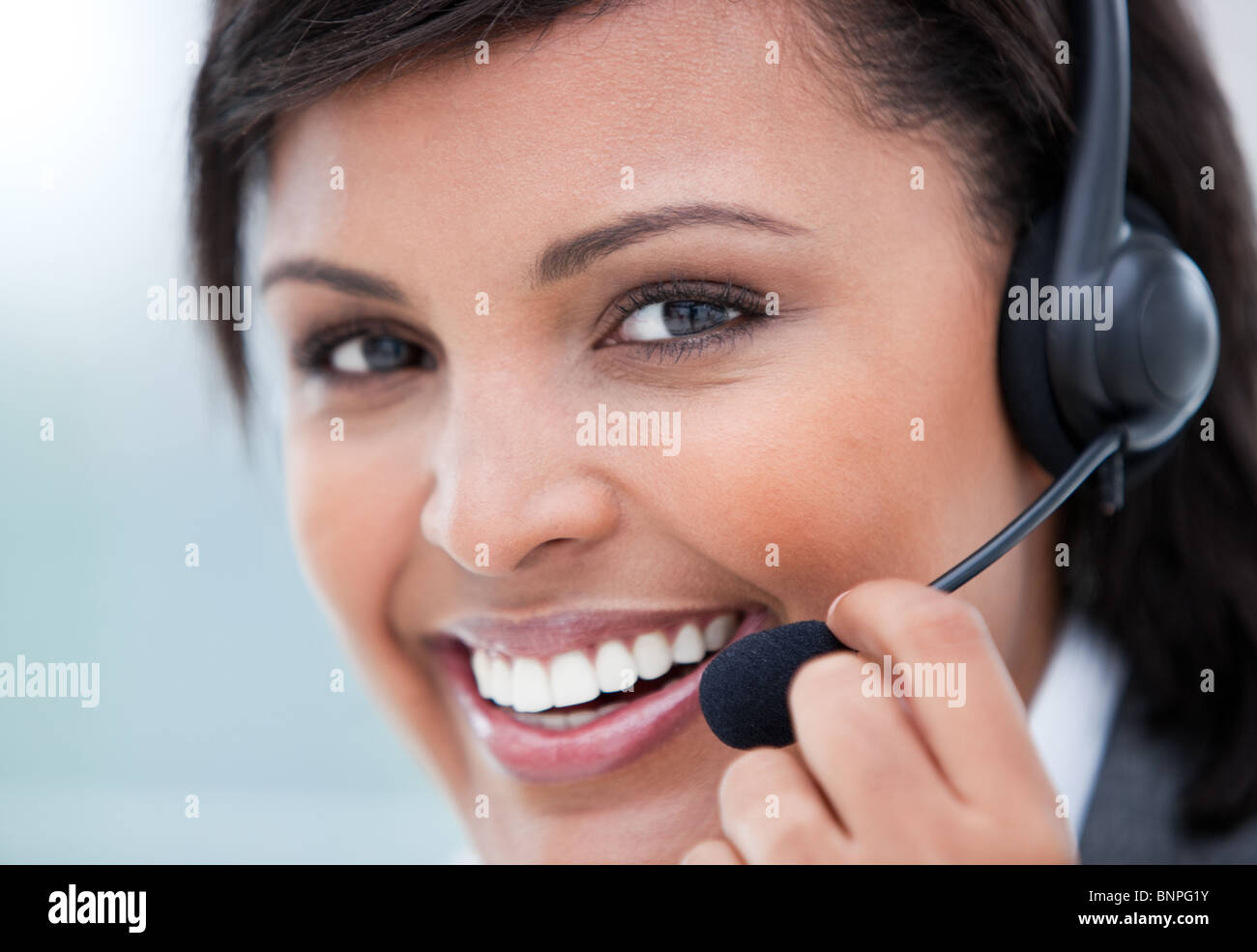 Close-up of a female customer agent at work Stock Photo - Alamy