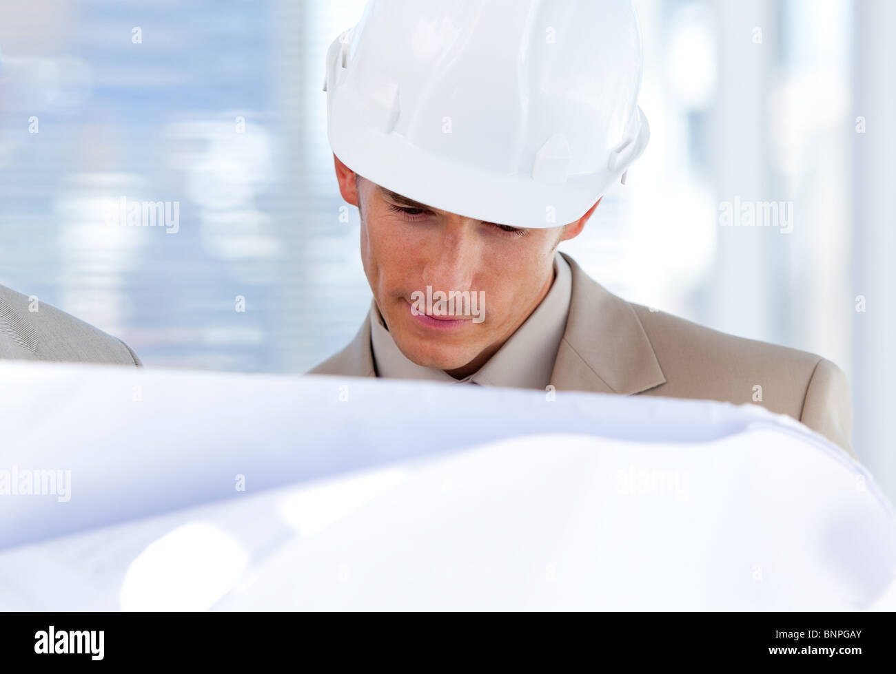Architect looking at blueprint Stock Photo - Alamy