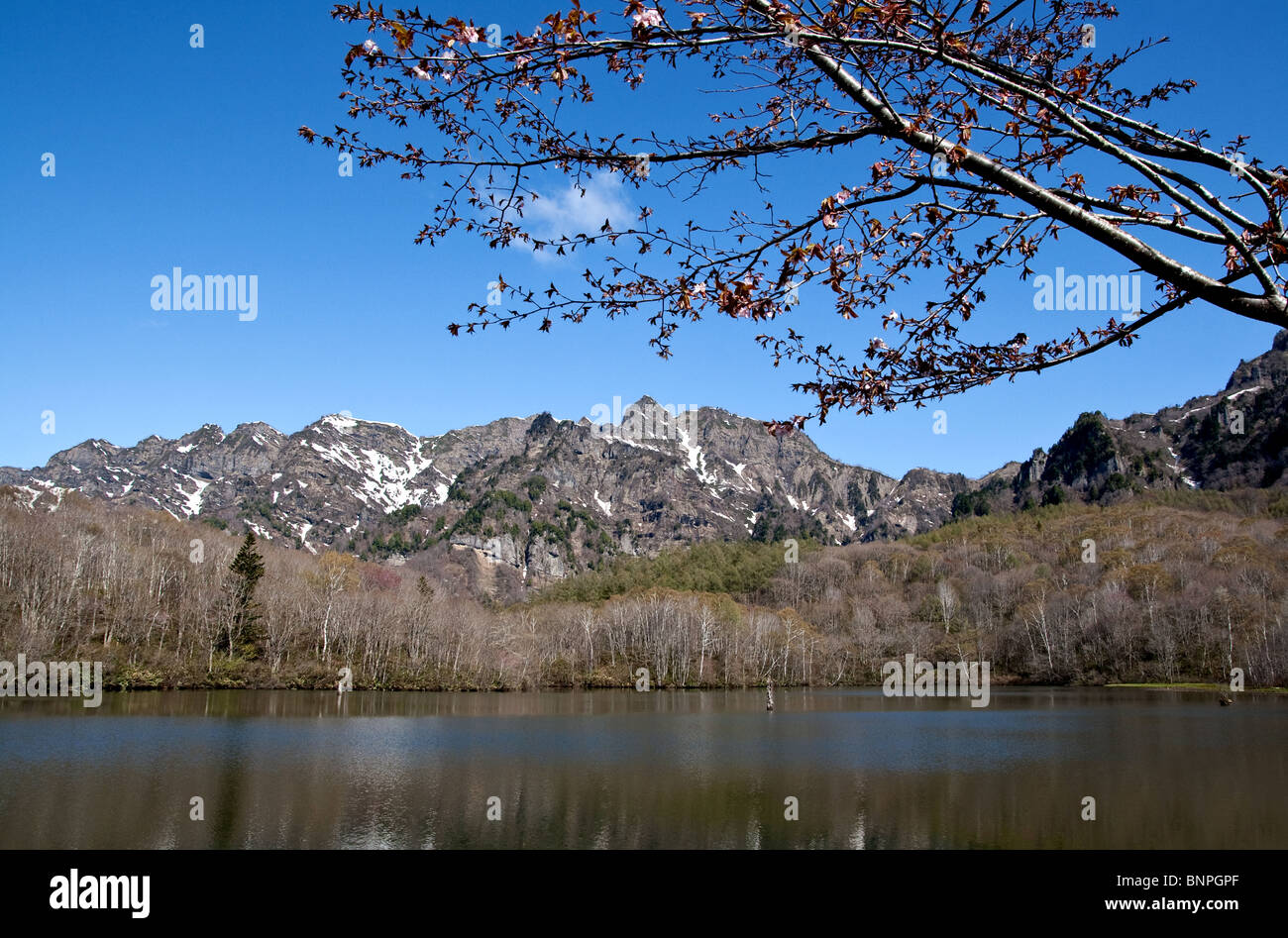 Kagami Ike (Mirror Lake) in Spring with Togakushi mountain naturally ...