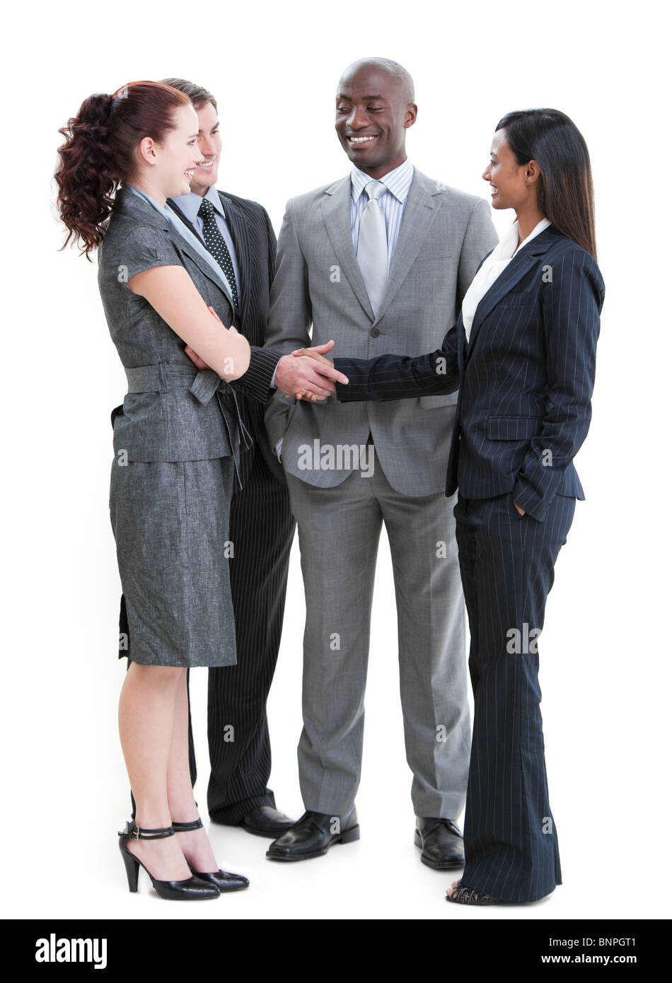 Concentrated business people interacting standing Stock Photo - Alamy