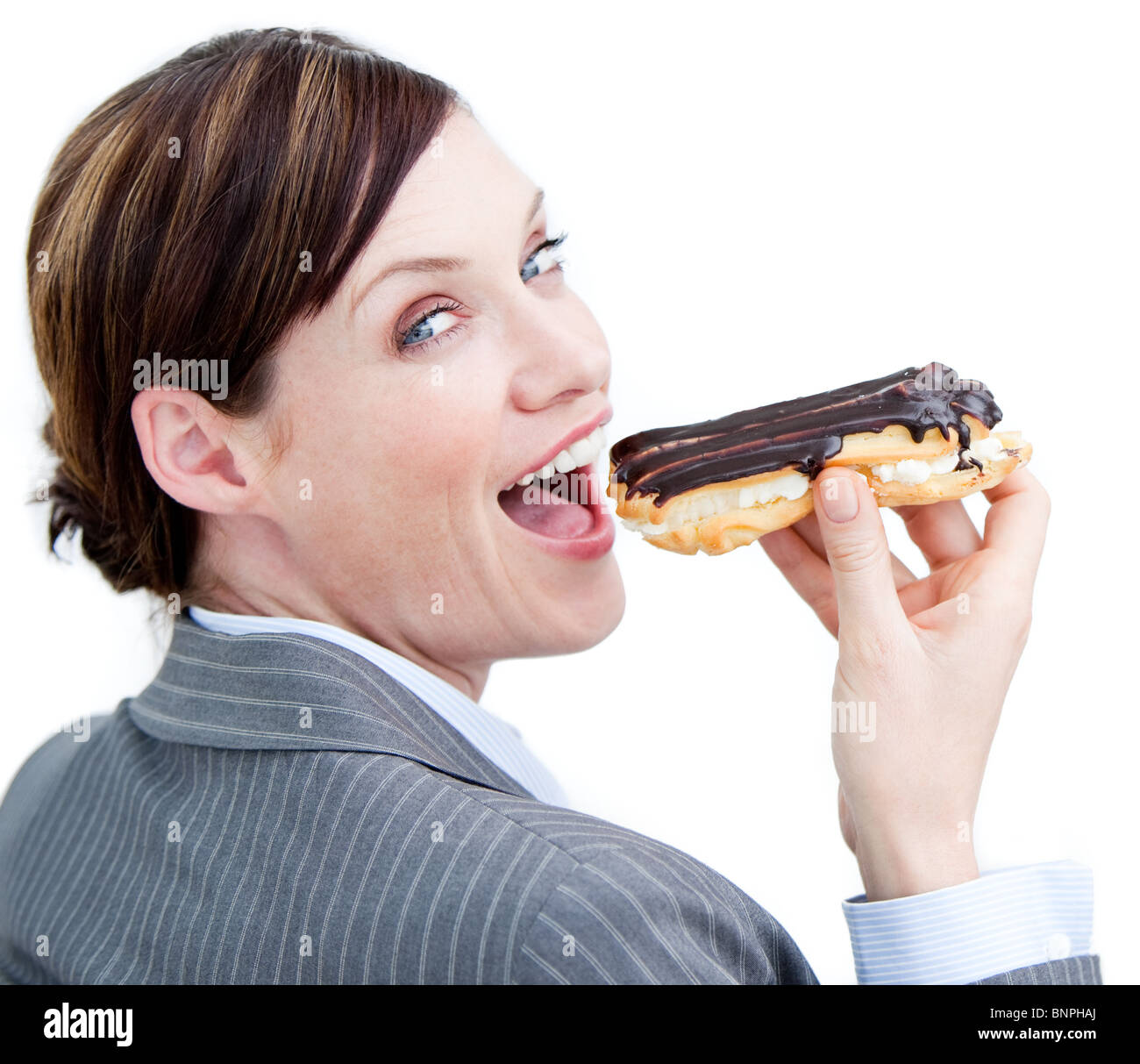 Woman eating chocolate eclair hi-res stock photography and images - Alamy