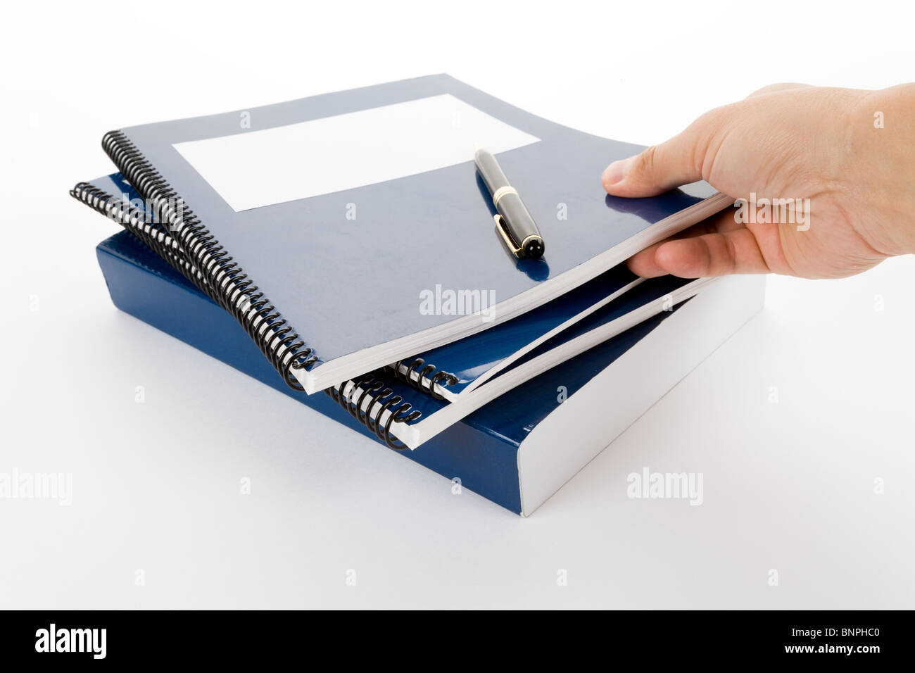 Blue school textbook, notebook or manual with white background Stock ...