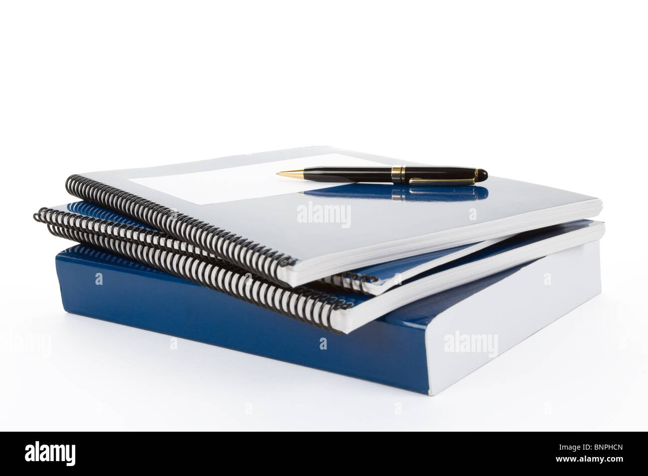 Blue school textbook, notebook or manual with white background Stock ...