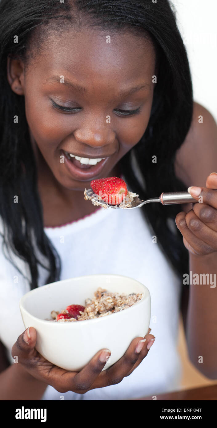 Jolly woman having breakfast Stock Photo - Alamy