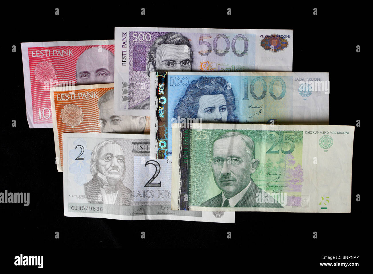 Estonian currency (EEK) - Kroons. 500, 100, 25, 10, 5, 2 Stock Photo ...