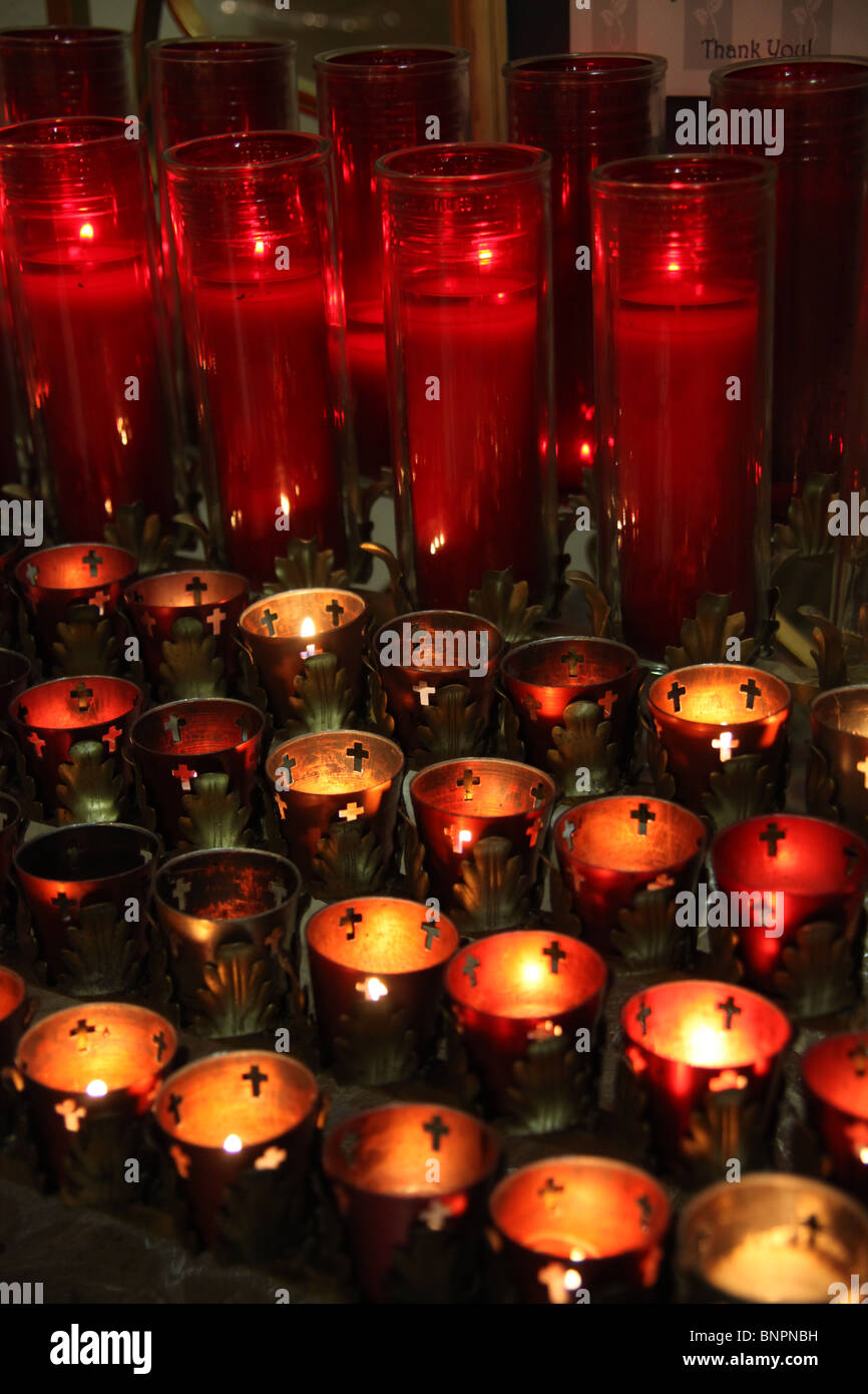 Lit votive candle offerings at The Cathedral Basilica of St. Francis of ...
