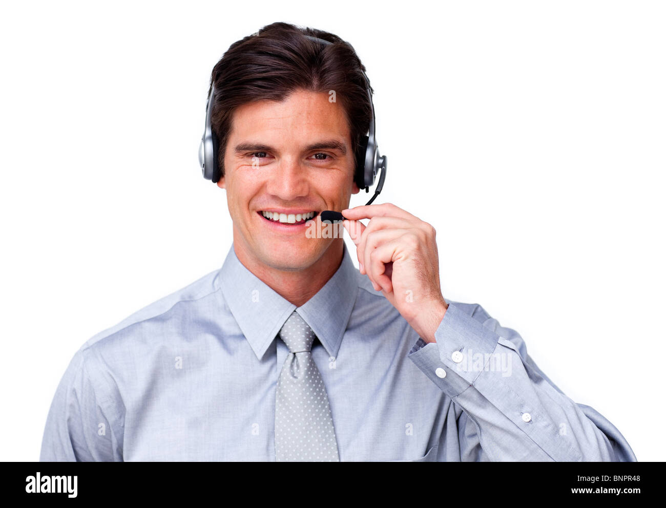 Happy customer service representatives on a headset Stock Photo - Alamy