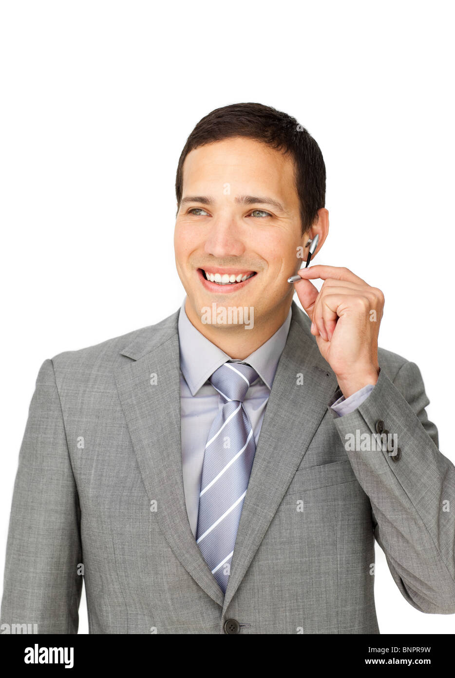 Handsome customer service representative using headset Stock Photo - Alamy