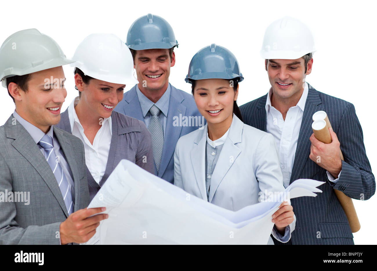 Positive architect team talking together Stock Photo - Alamy