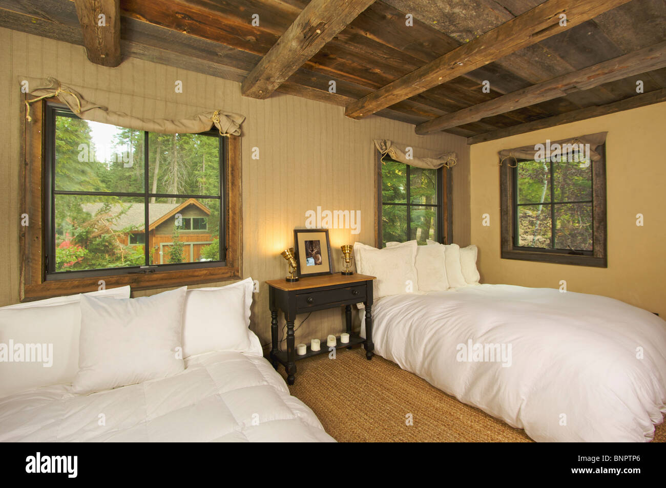 Luxurious Rustic Log Cabin Bedroom in a Rural Setting Stock Photo - Alamy