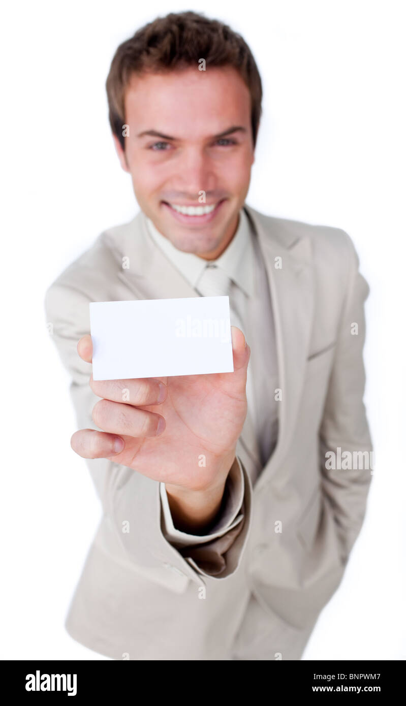 Charming businessman holding a white card Stock Photo - Alamy