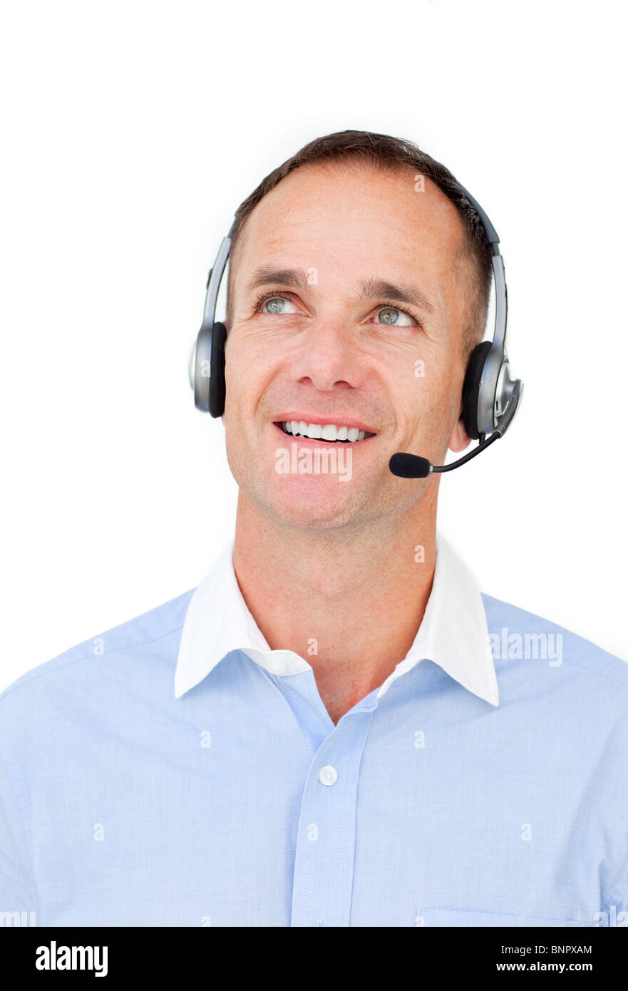 Customer service agent talking on headset Stock Photo - Alamy