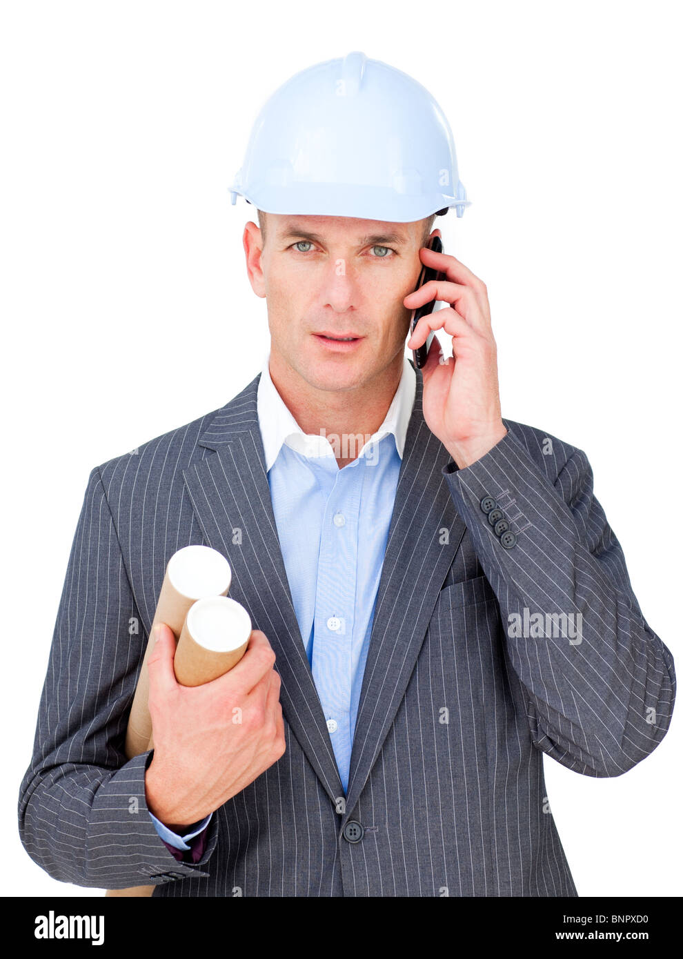 Stressed male engineer talking on phone Stock Photo - Alamy