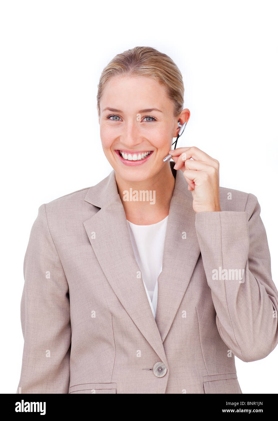 Assertive customer service representative using headset Stock Photo - Alamy