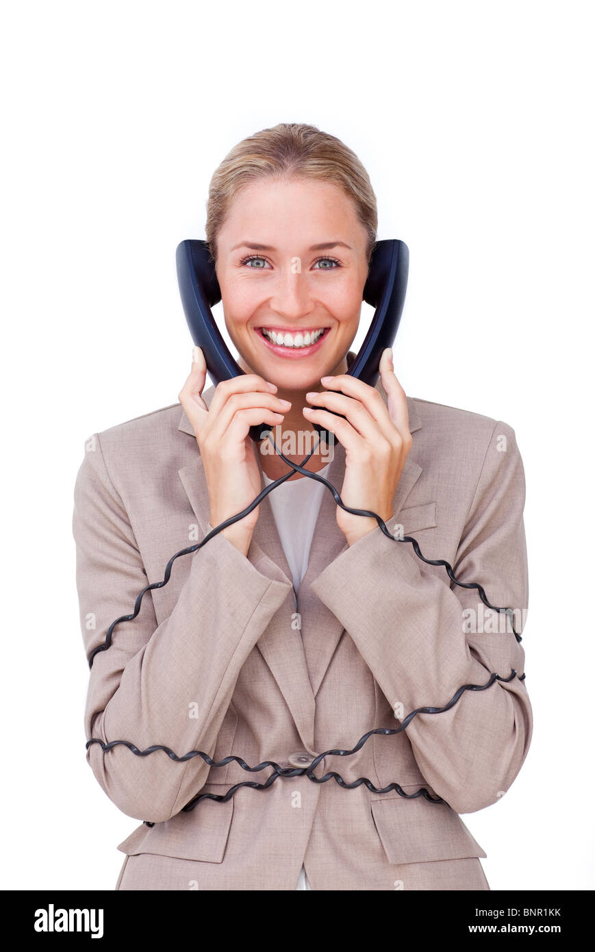 Cute female sales representative talking on headset Stock Photo - Alamy