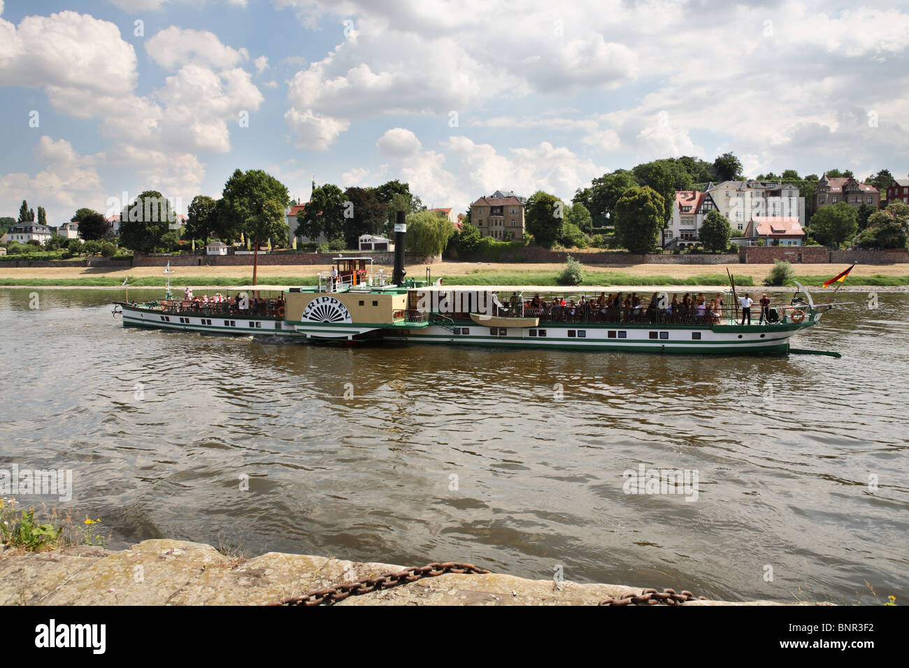 The paddle steam boat Krippen seen, from the Elberadweg, heading west ...