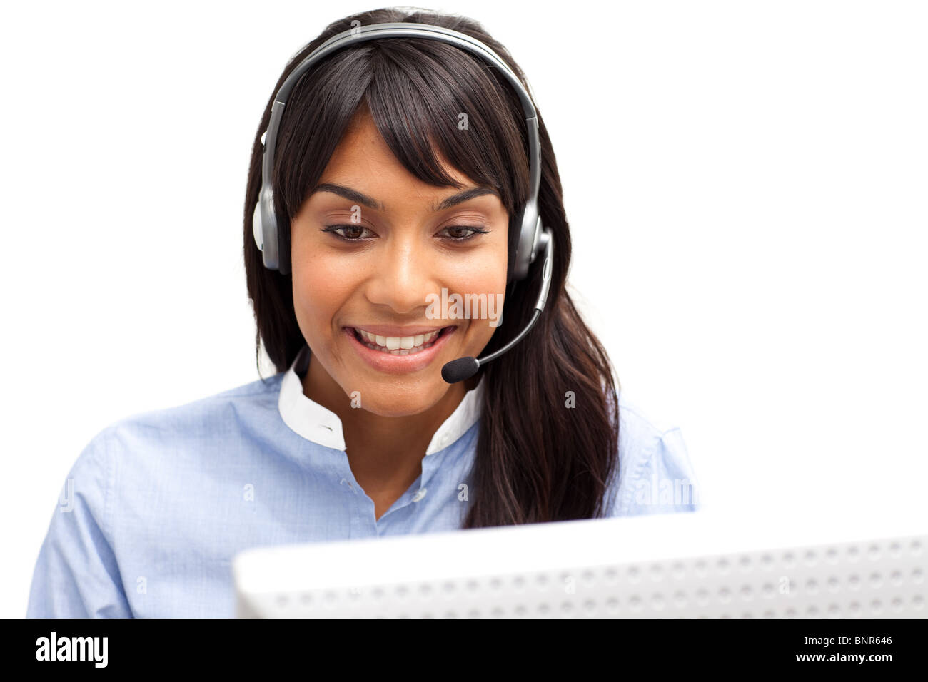 Positive customer service representative using headset Stock Photo - Alamy