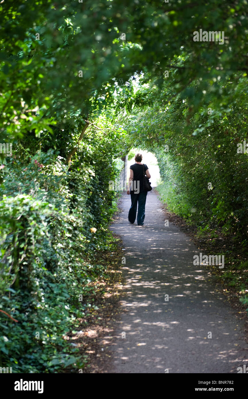 Woman walking down a tree covered path Stock Photo - Alamy