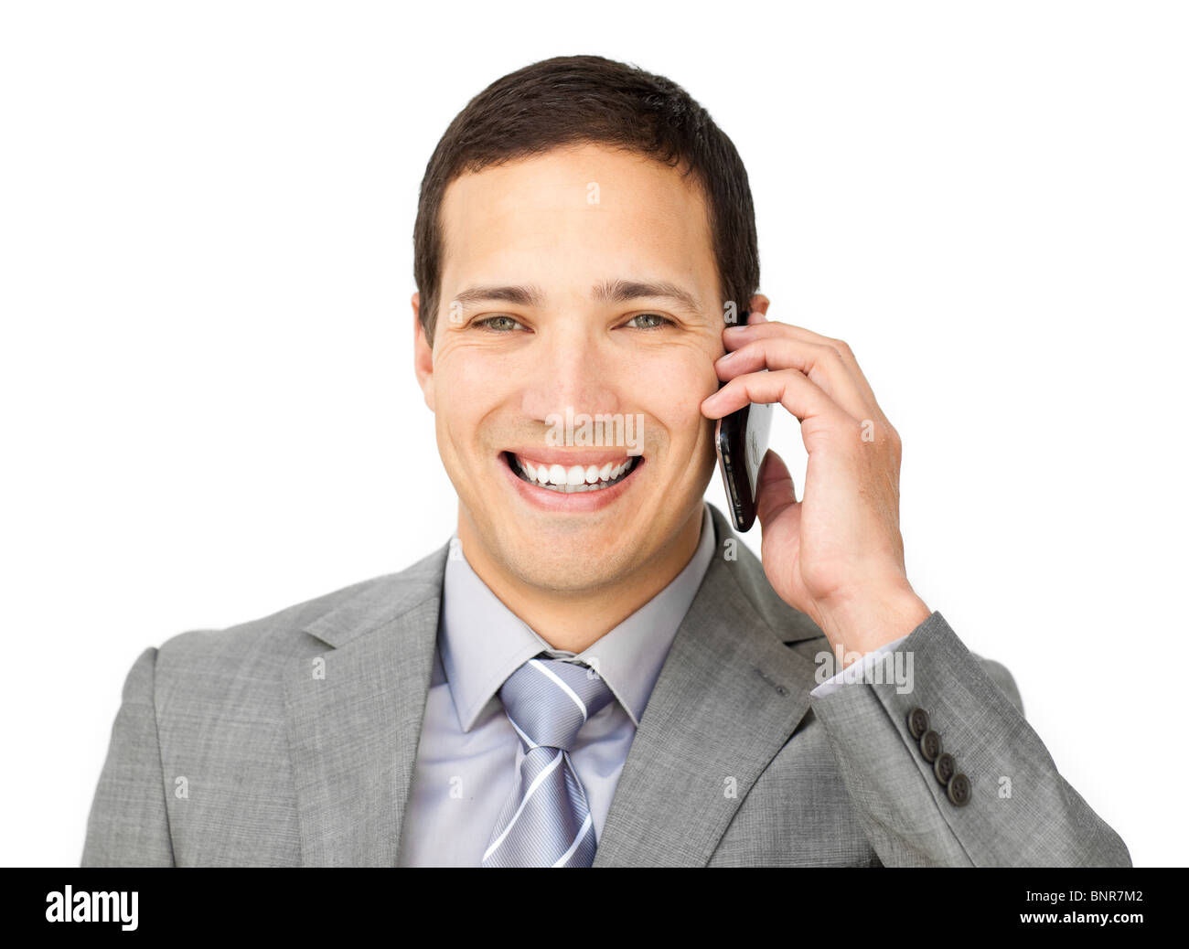 Happy businessman talking on phone Stock Photo - Alamy