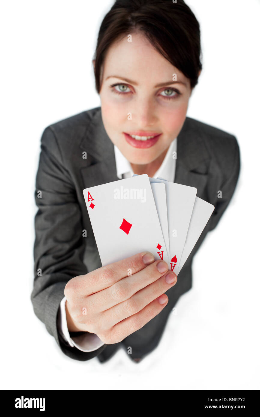 Businesswoman showing cards Stock Photo - Alamy
