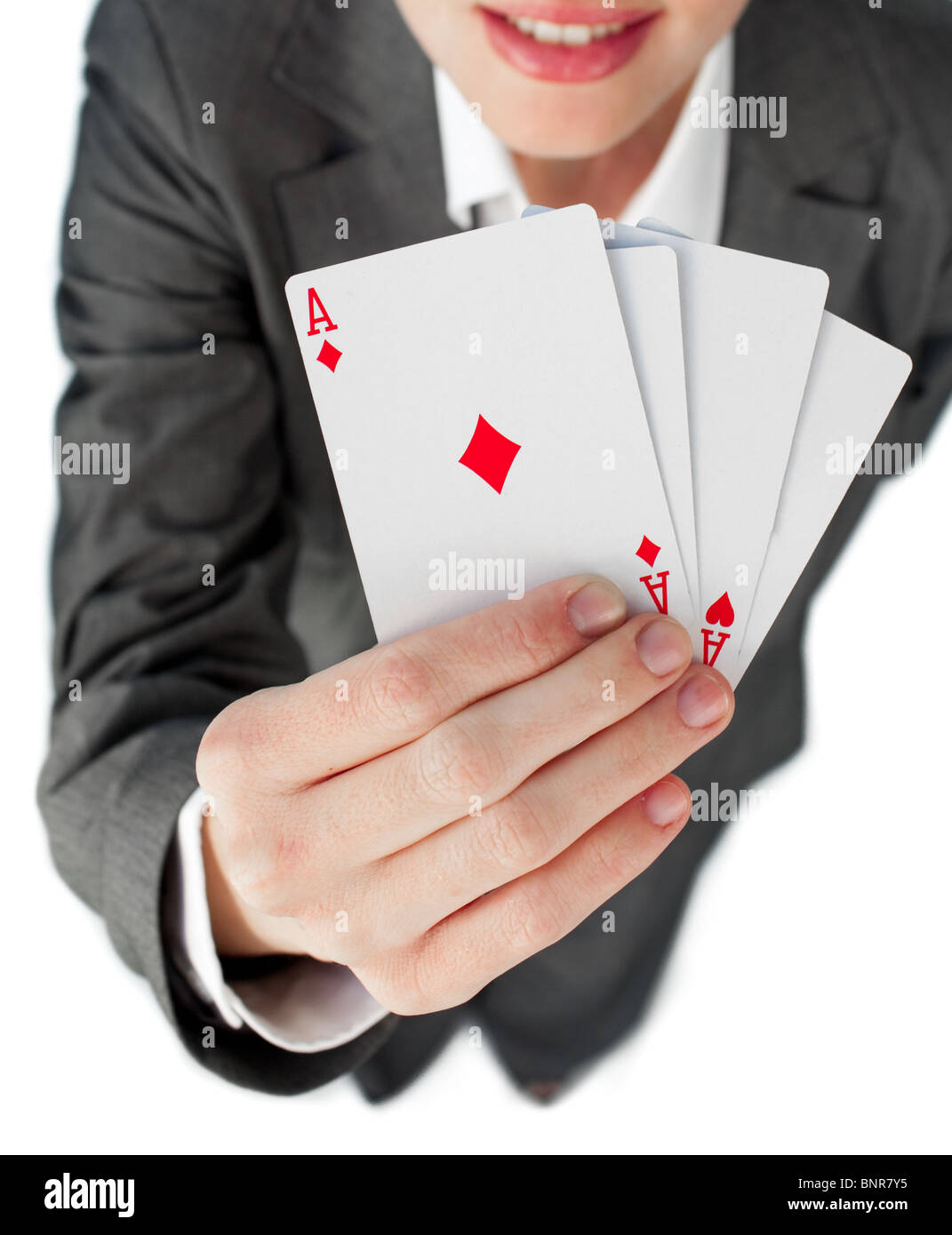 Businesswoman showing cards Stock Photo - Alamy