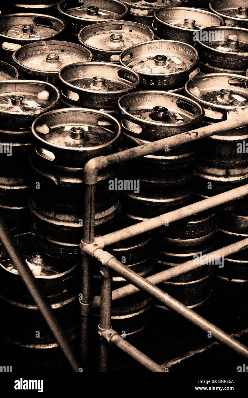 black & white, sepia tinted beer barrels stacked, Beer casks outside of ...