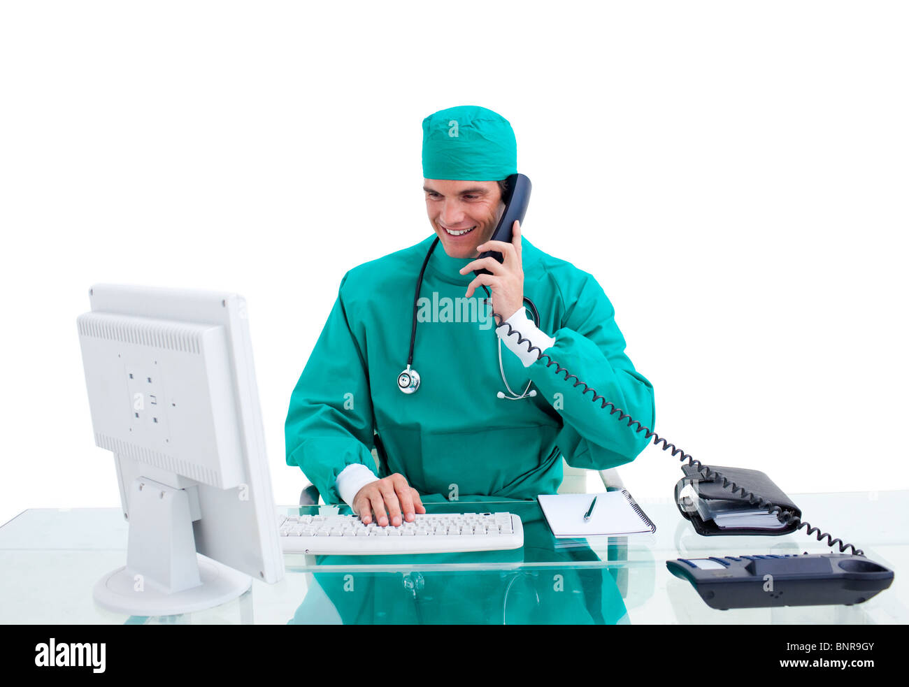 Isolated doctor in his office calling Stock Photo - Alamy