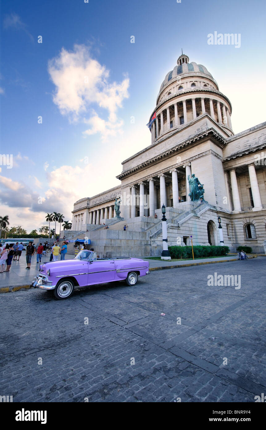 Old classic american car and Capitol building under blue sky in havana ...