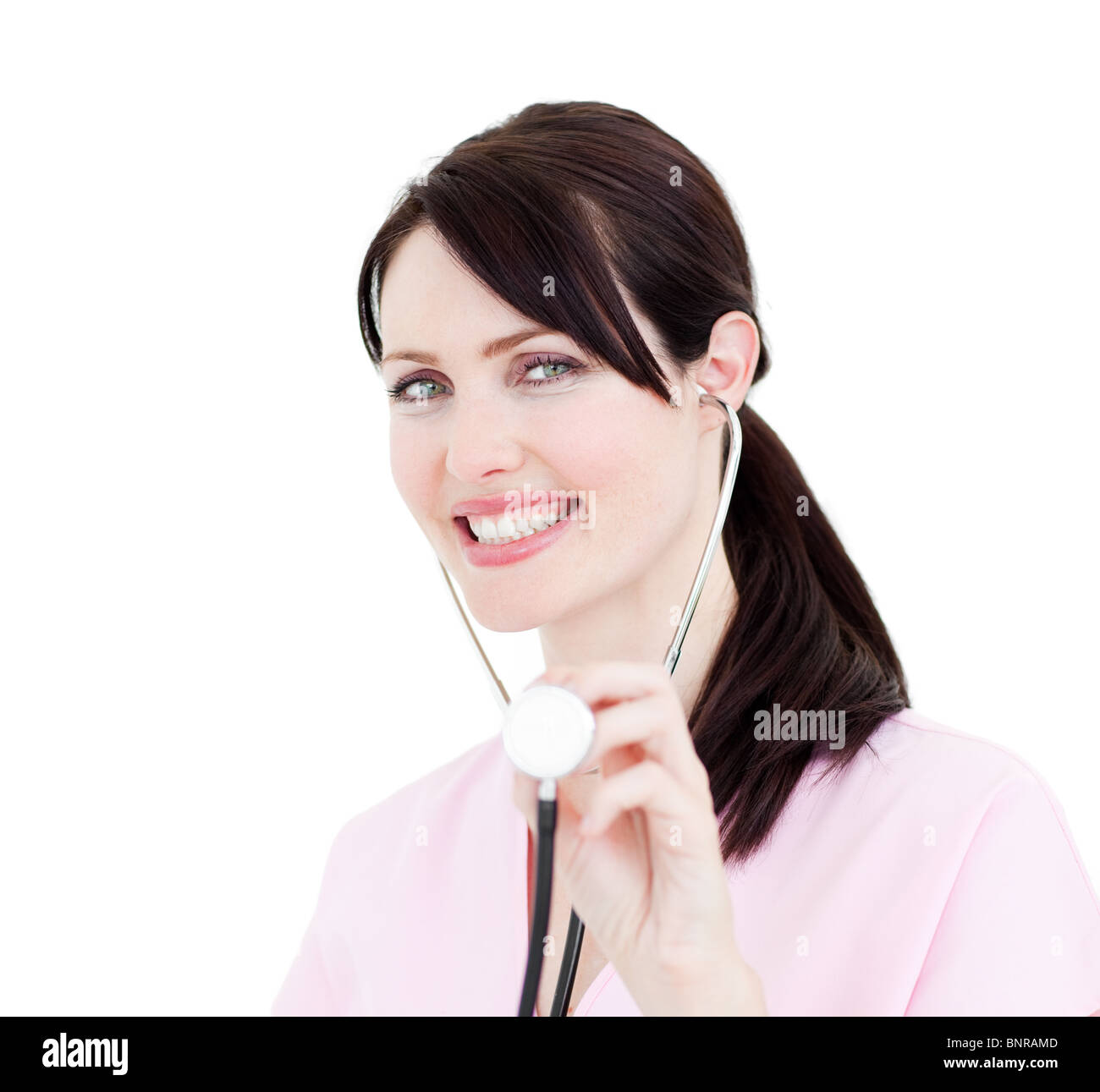 Beautiful female doctor using a stethoscope Stock Photo - Alamy