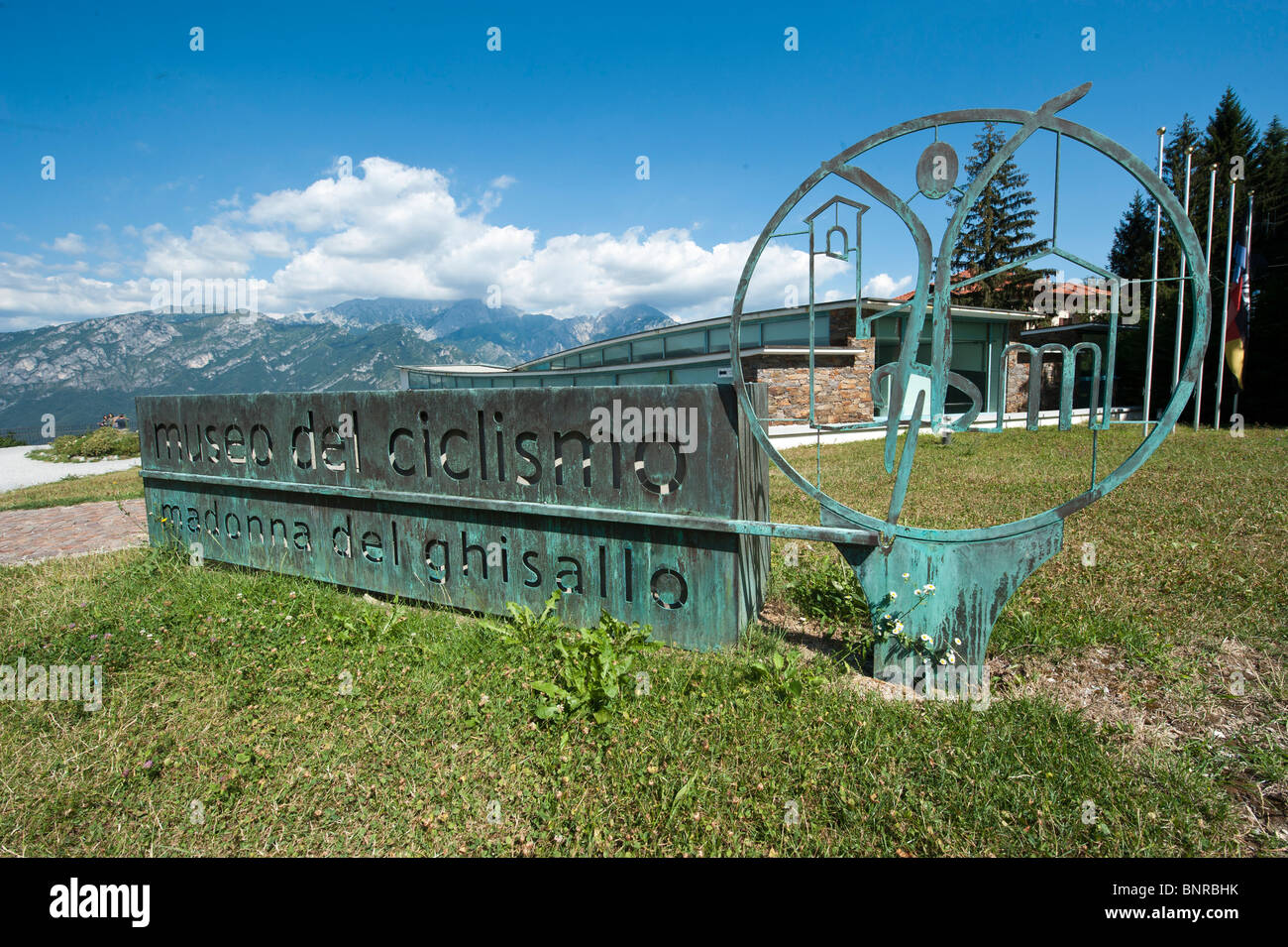 The sign at the entrance of Museo del Ciclismo at Passo del Ghisallo ...