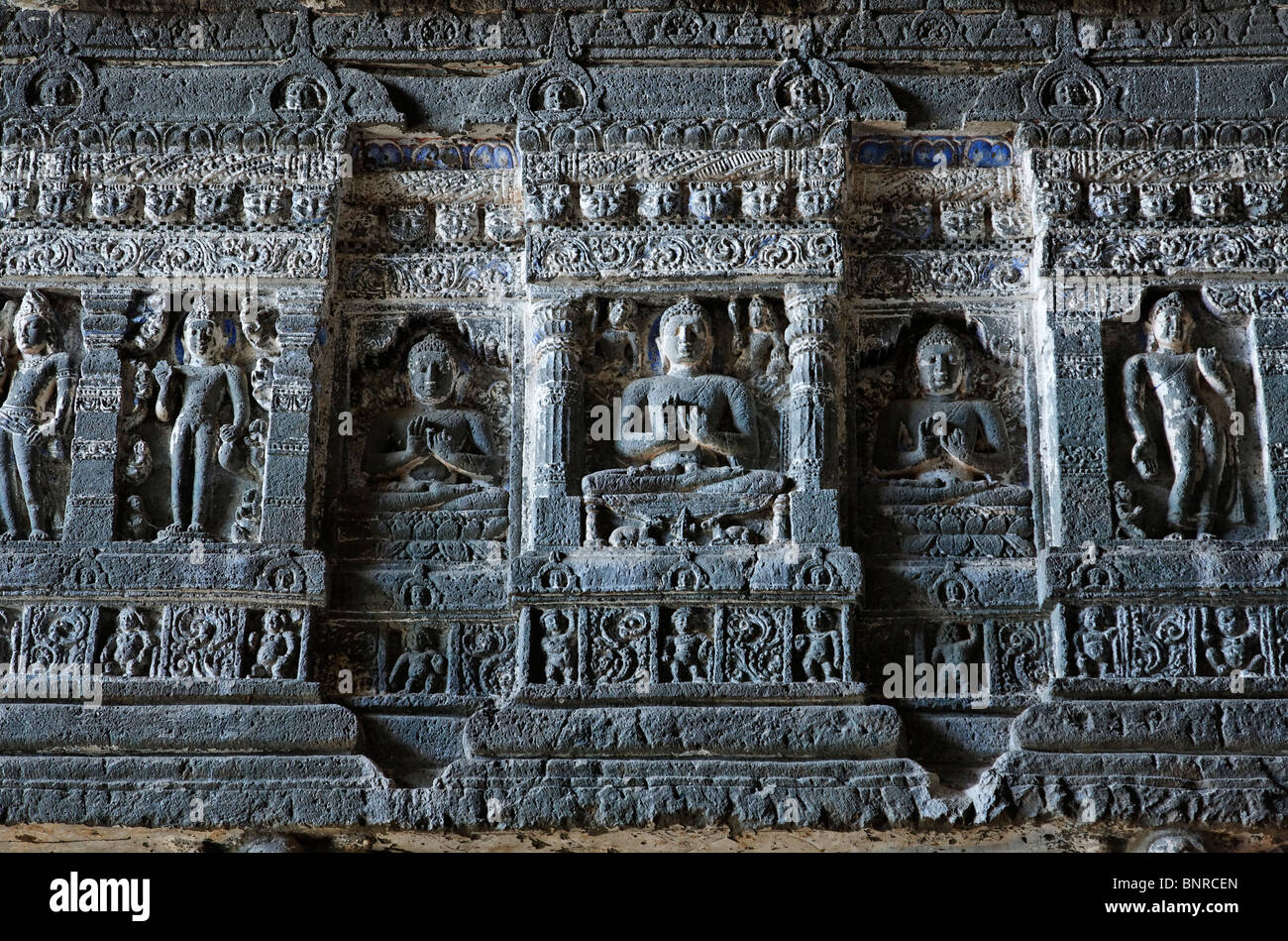 India - Maharashtra state - Ajanta Caves - sculptures inside a cave ...