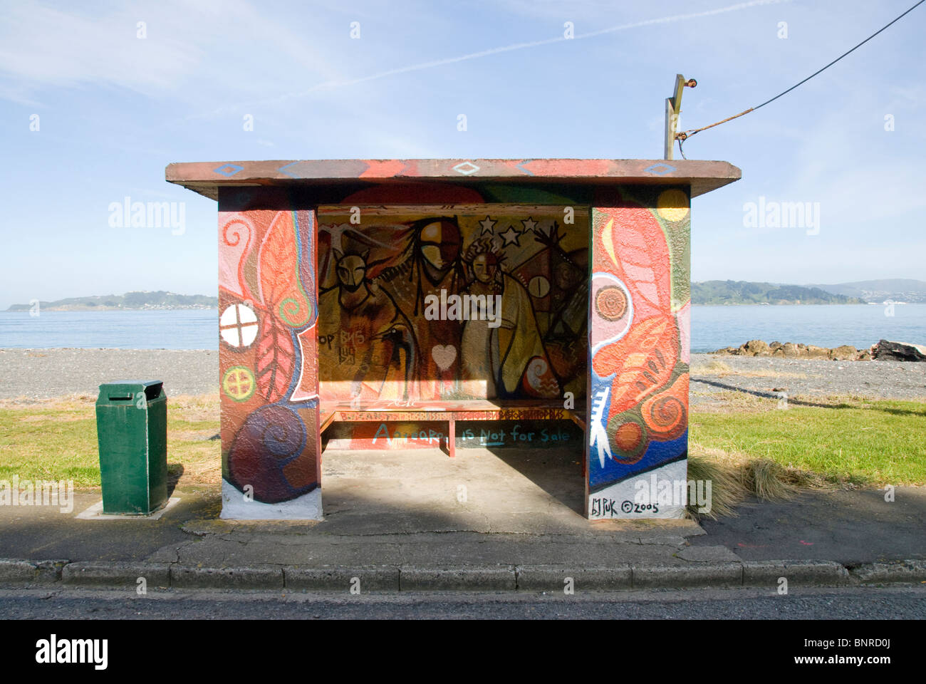 Colourful mural on bus stop beside sea, Eastbourne, Wellington, North ...
