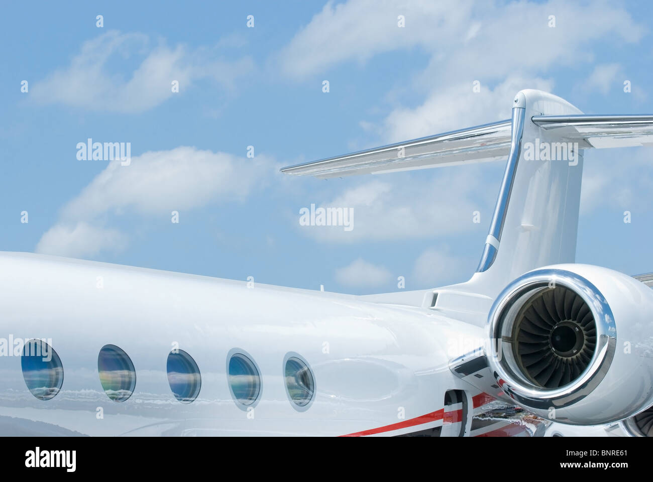 Rear section with tail and engine of white corporate jet with oval ...