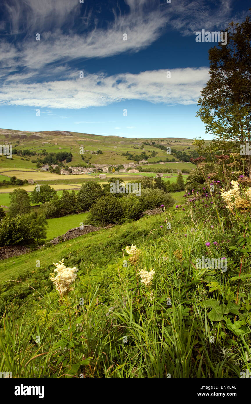 looking accross River Swale towards Gunnerside village in Swaledale ...