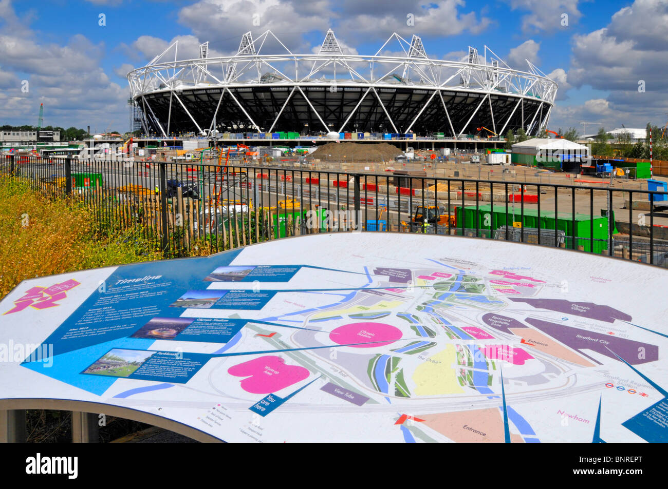 2012 Olympic Stadium construction site with visitor information panel ...