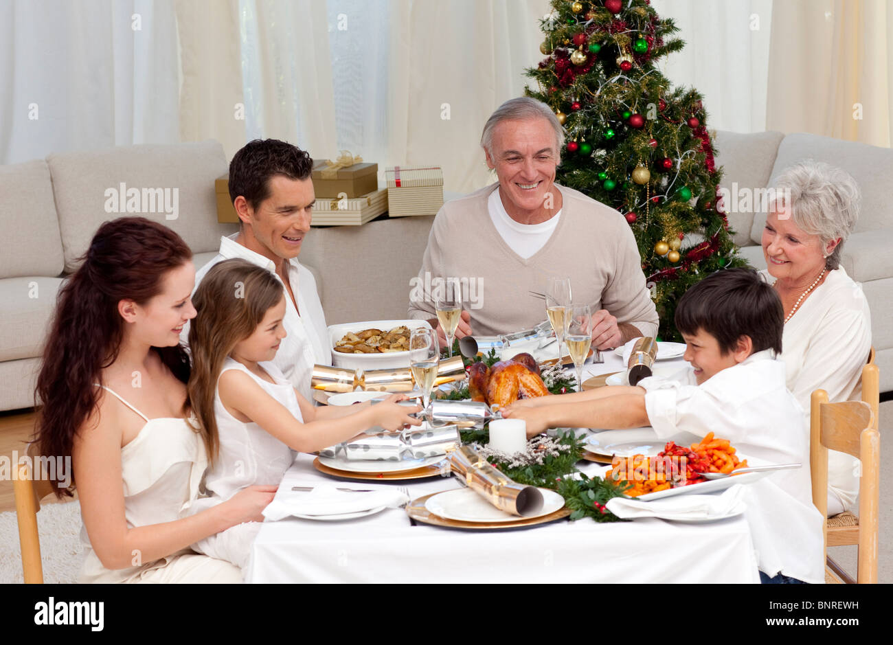 Brother and sister pulling a Christmas cracker at home Stock Photo - Alamy