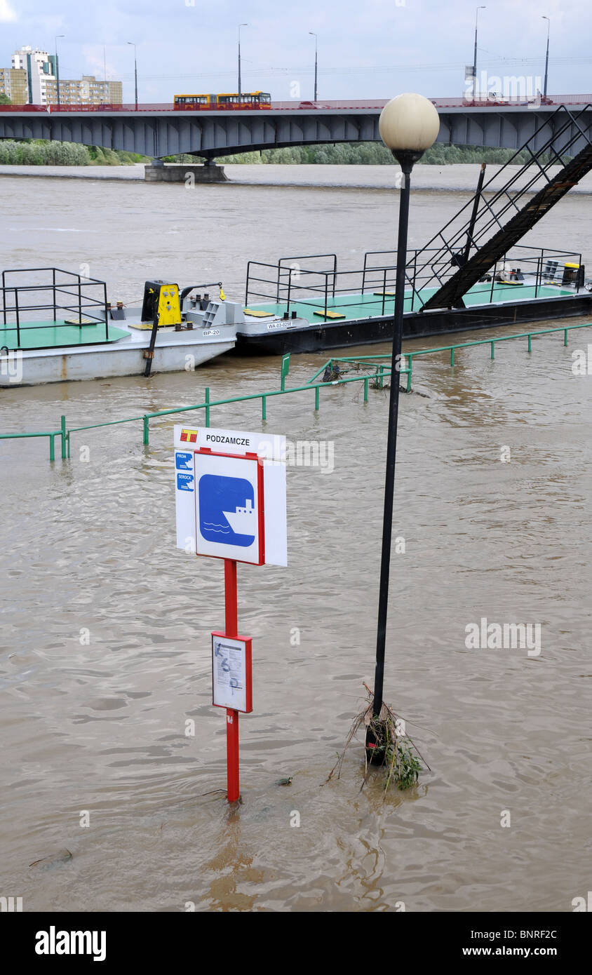 Very high water level of Vistula River and flooded water bus stop in ...
